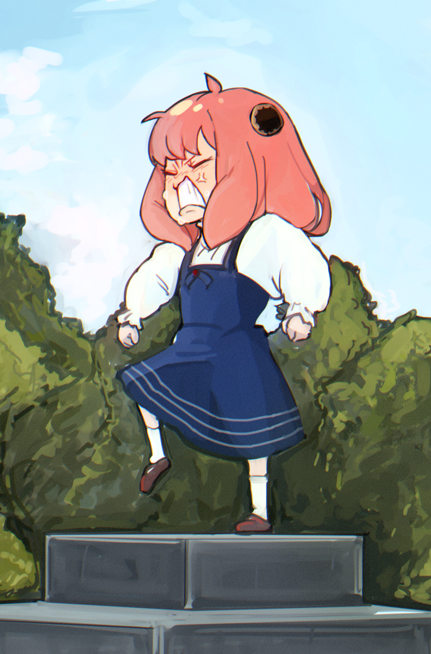 Safebooru - 1girl anger vein anya (spy x family) blue dress blue sky child clenched teeth closed ...