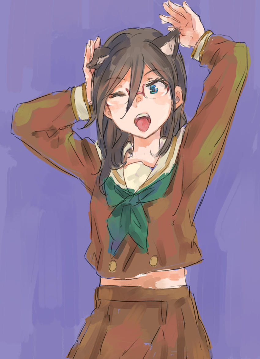 Safebooru - 1girl absurdres amano shin animal ears arms up black hair blue eyes cat ears ...