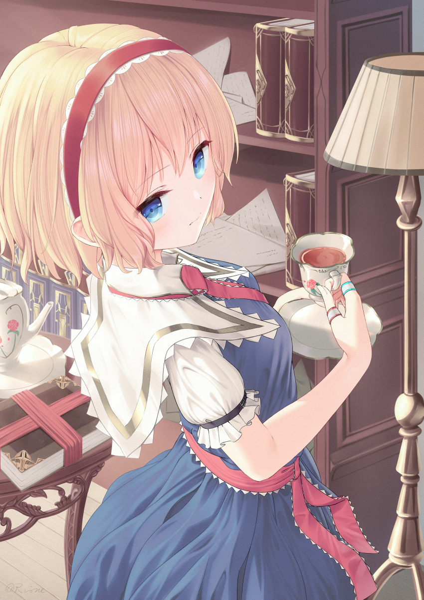 Safebooru - 1girl absurdres alice margatroid blonde hair blue dress blue eyes book bookshelf ...