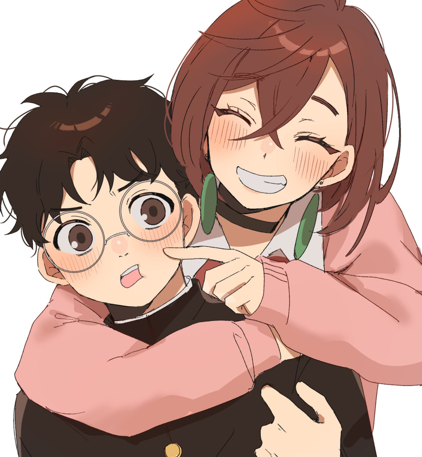 Safebooru - 1boy 1girl arm around neck ayase momo black choker black hair black jacket blush bow ...