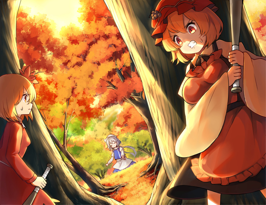 Safebooru - 3girls absurdres aki minoriko aki shizuha blonde hair breasts highres holding ...