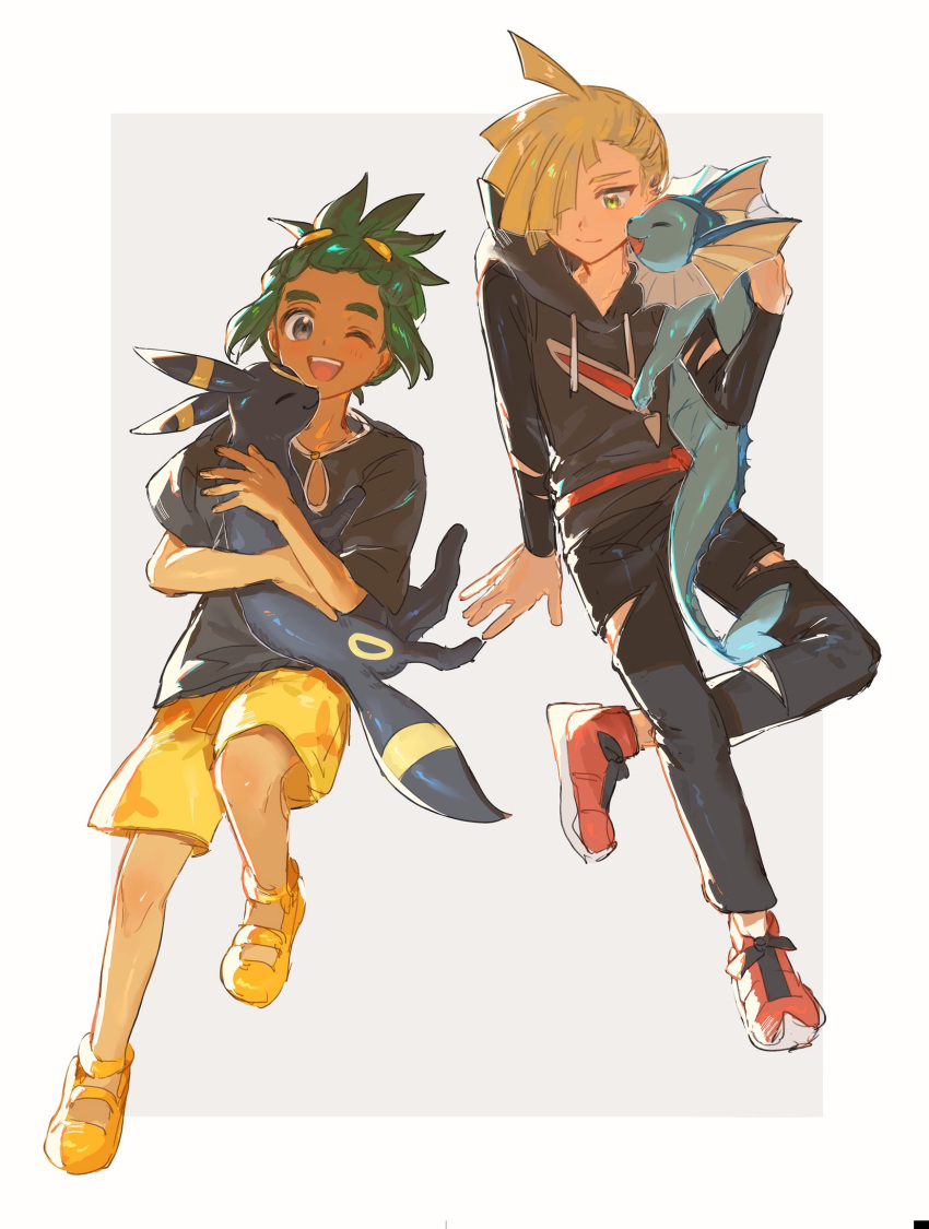 Safebooru - 2boys black pants black shirt black sweater blonde hair closed mouth fins ...
