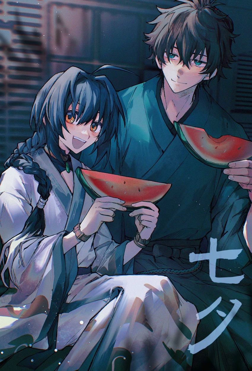 Safebooru - 1boy 1other ahoge androgynous black hair blue eyes blue ...