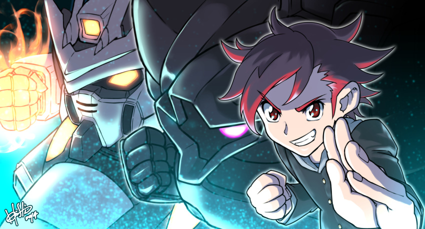 Safebooru - 1boy build burning gundam dom fighting stance fire glowing ...