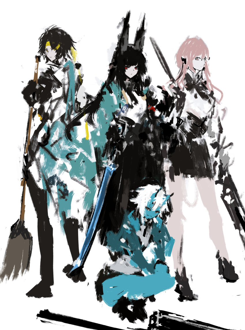 Safebooru - 1boy 3girls absurdres animal ears asaba harumasa black hair black necktie black ...