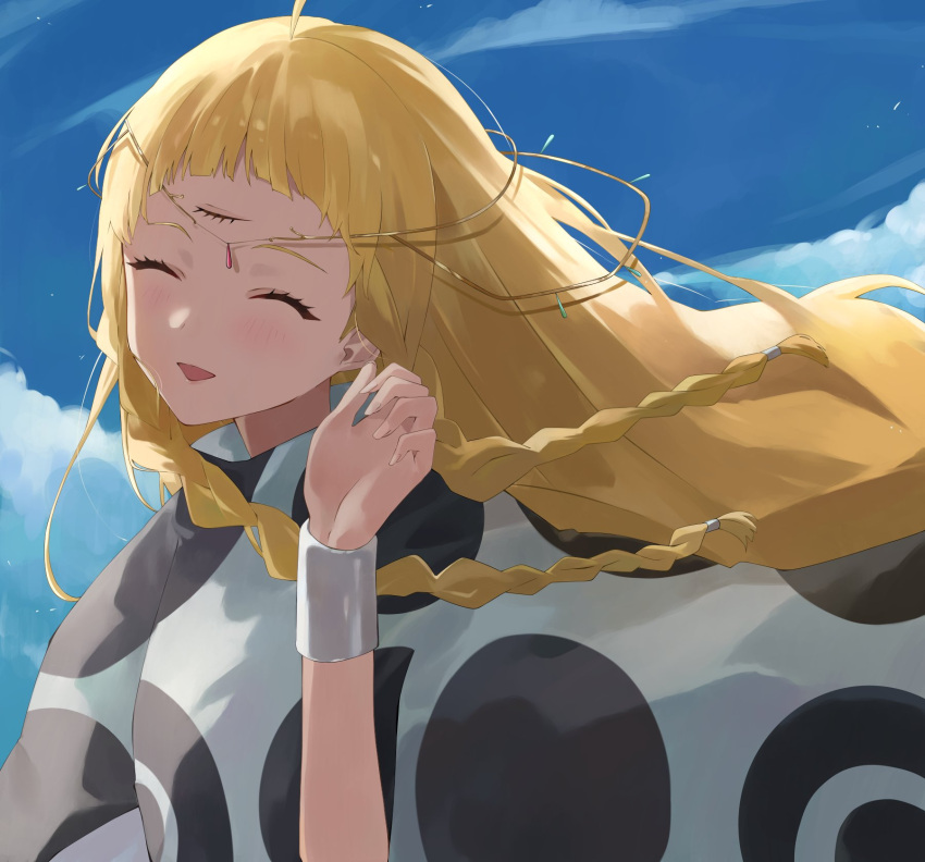 Safebooru - 1girl blonde hair blush braid closed eyes clouds dark-skinned female dark skin dress ...