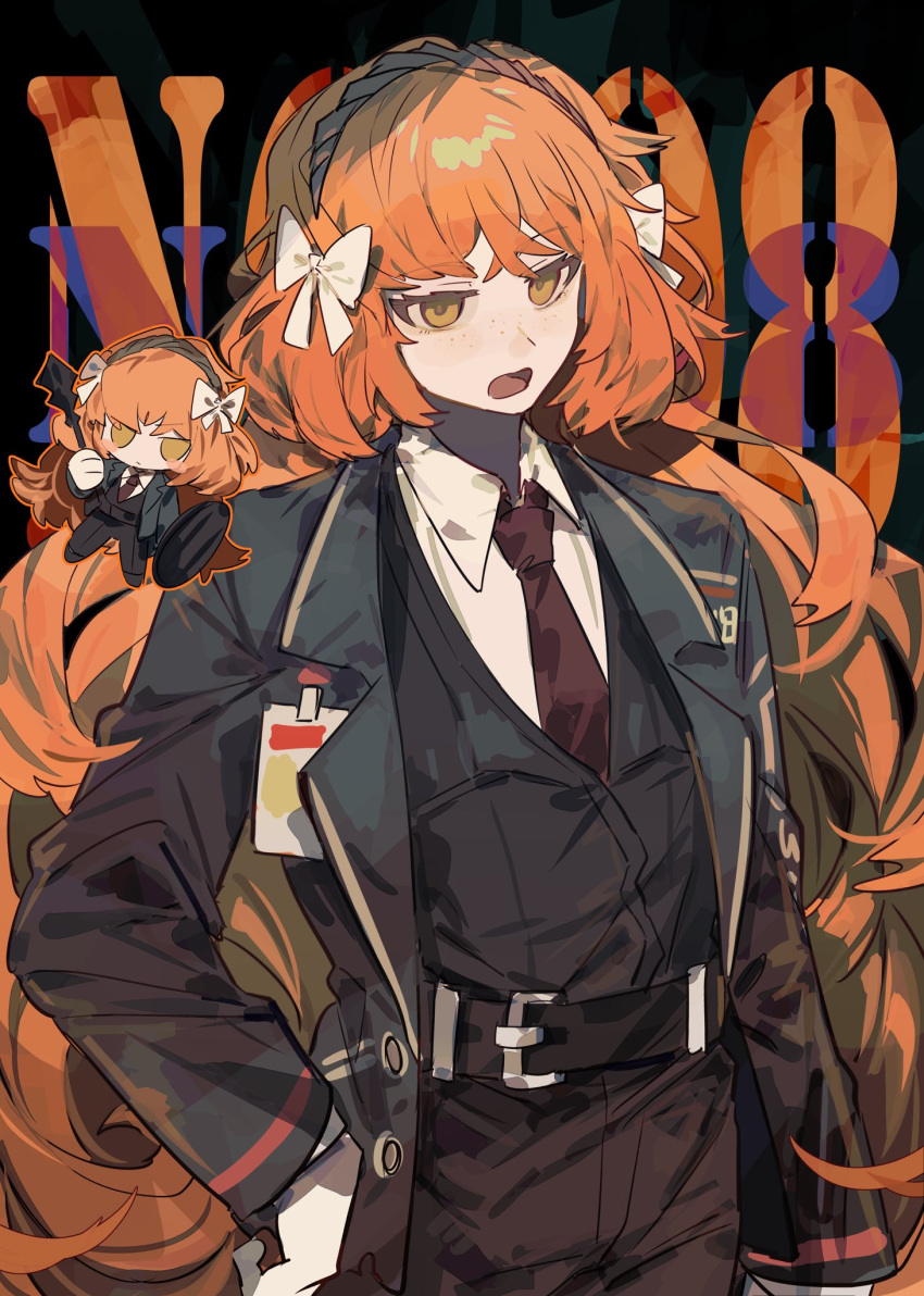 Safebooru - 1girl :o belt black jacket bow brown pants chibi chibi ...