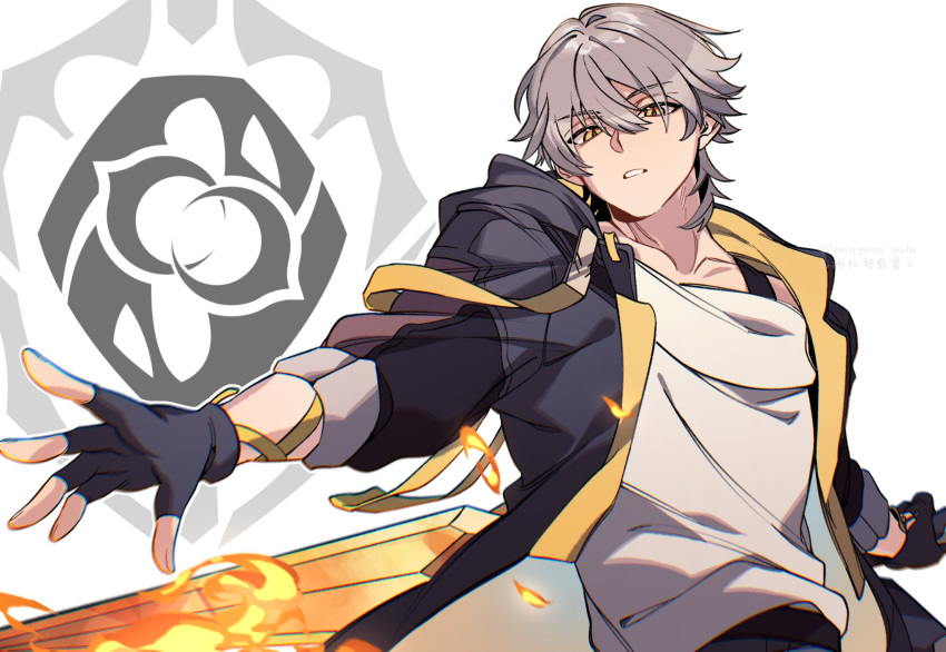 Safebooru - 1boy arm ribbon black coat black gloves caelus (honkai ...