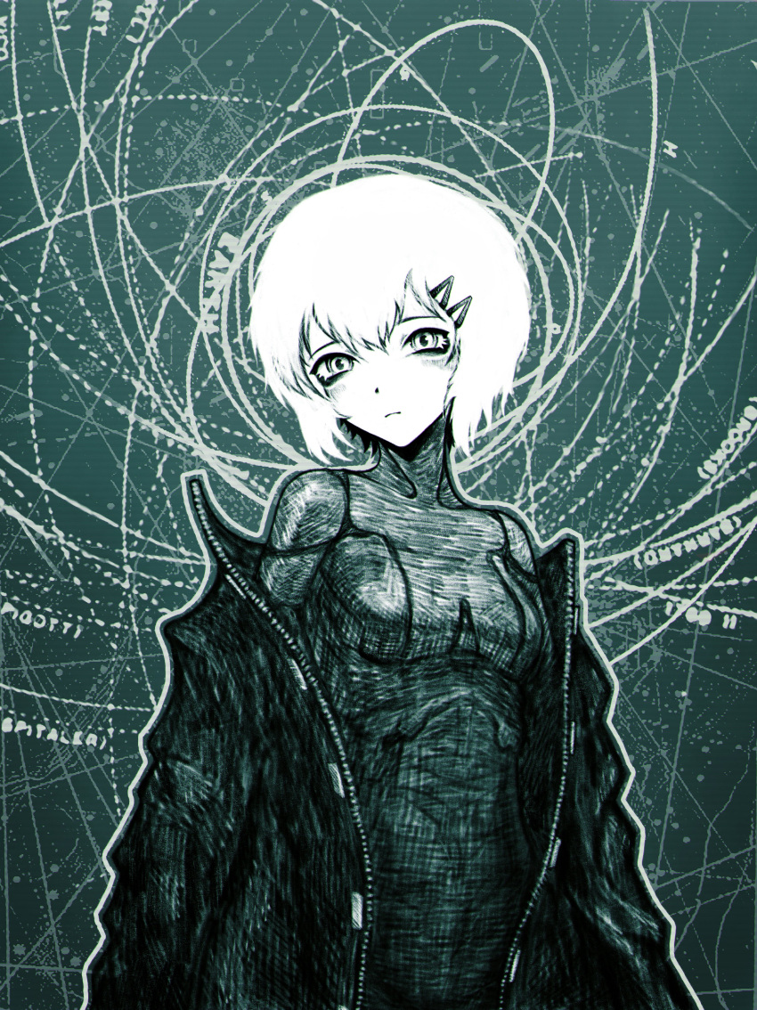 Safebooru - 11e10 1girl abstract background absurdres aqua theme blush bodysuit coat eyeshadow ...