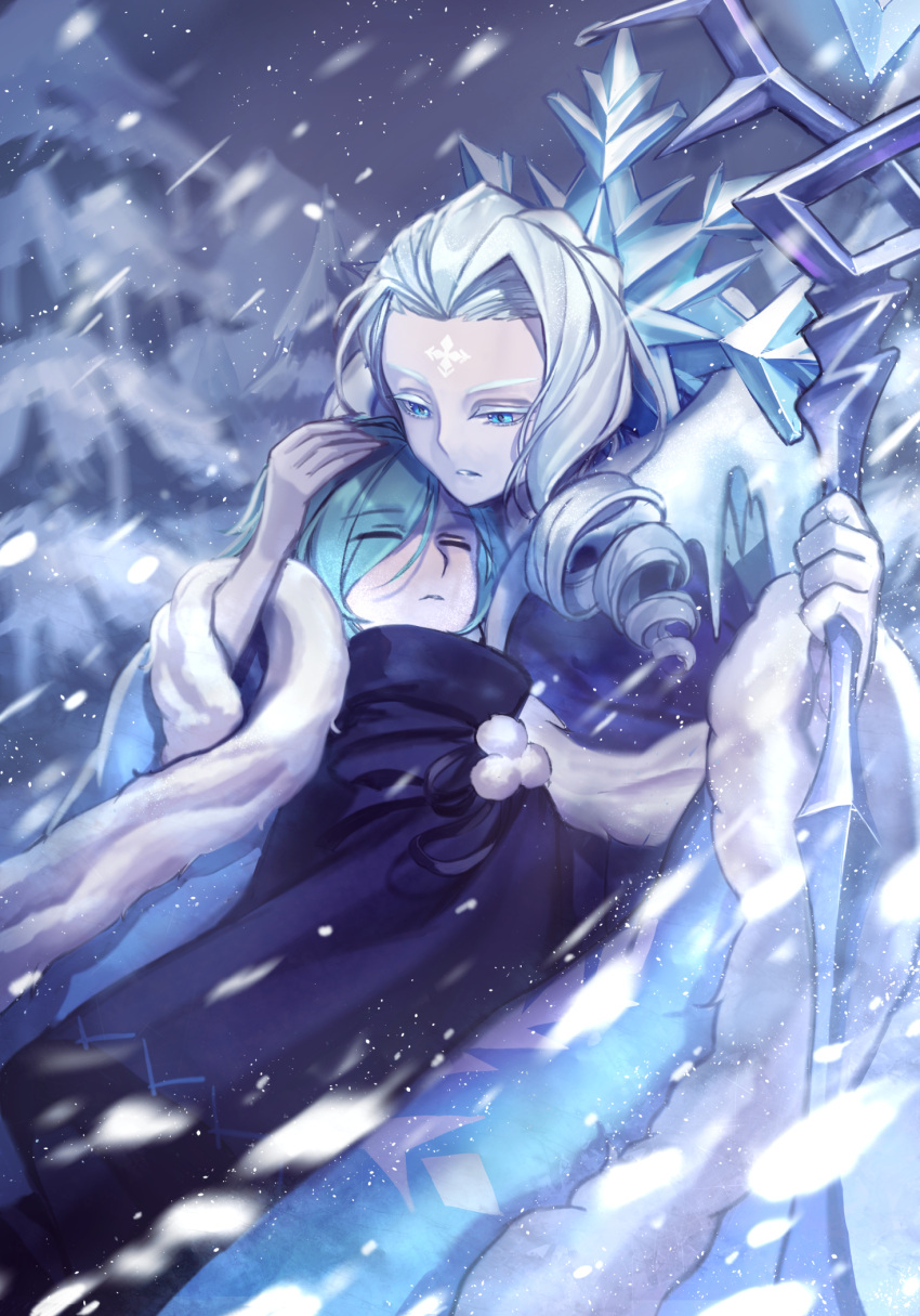 Safebooru - 1boy 1girl asymmetrical bangs blue dress blue eyes blue ...