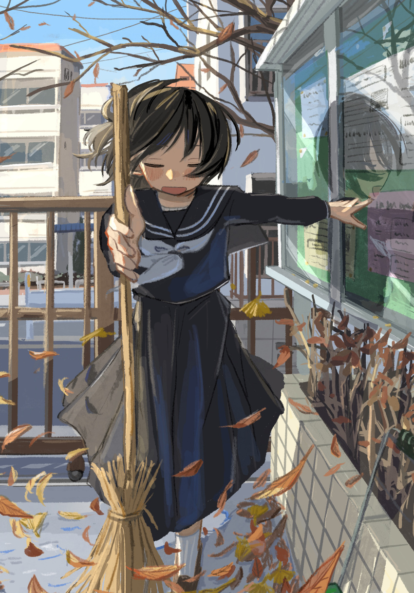 Safebooru - 1girl amamoto air autumn leaves black shirt black skirt blush bob cut branch broom ...