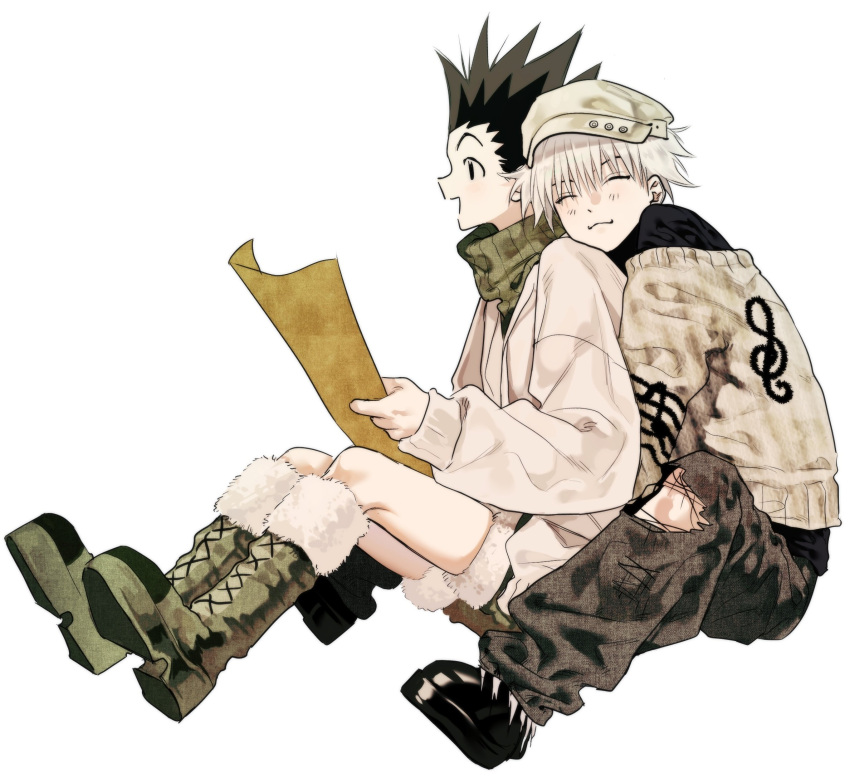 Safebooru - 2boys :3 alternate costume black footwear black hair black shirt boots brown ...