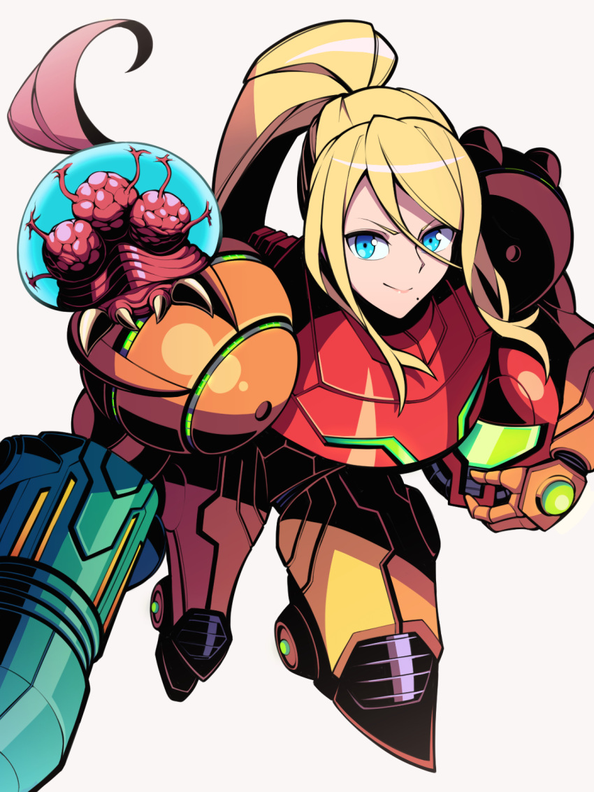 Safebooru - 1girl arm cannon armor blonde hair blue eyes grey background hair between eyes ...