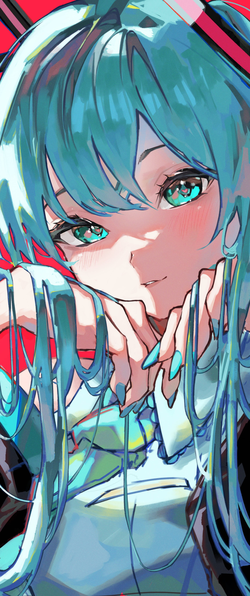 Safebooru - 1girl absurdres aqua eyes aqua hair aqua nails aqua necktie bare shoulders blue eyes ...