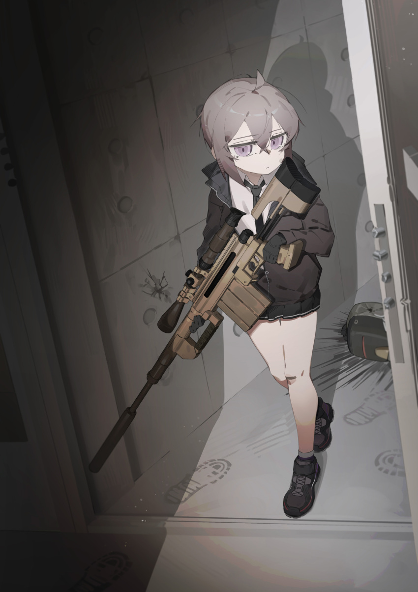 Safebooru - 1girl absurdres black footwear black necktie black skirt bolt action brown jacket ...