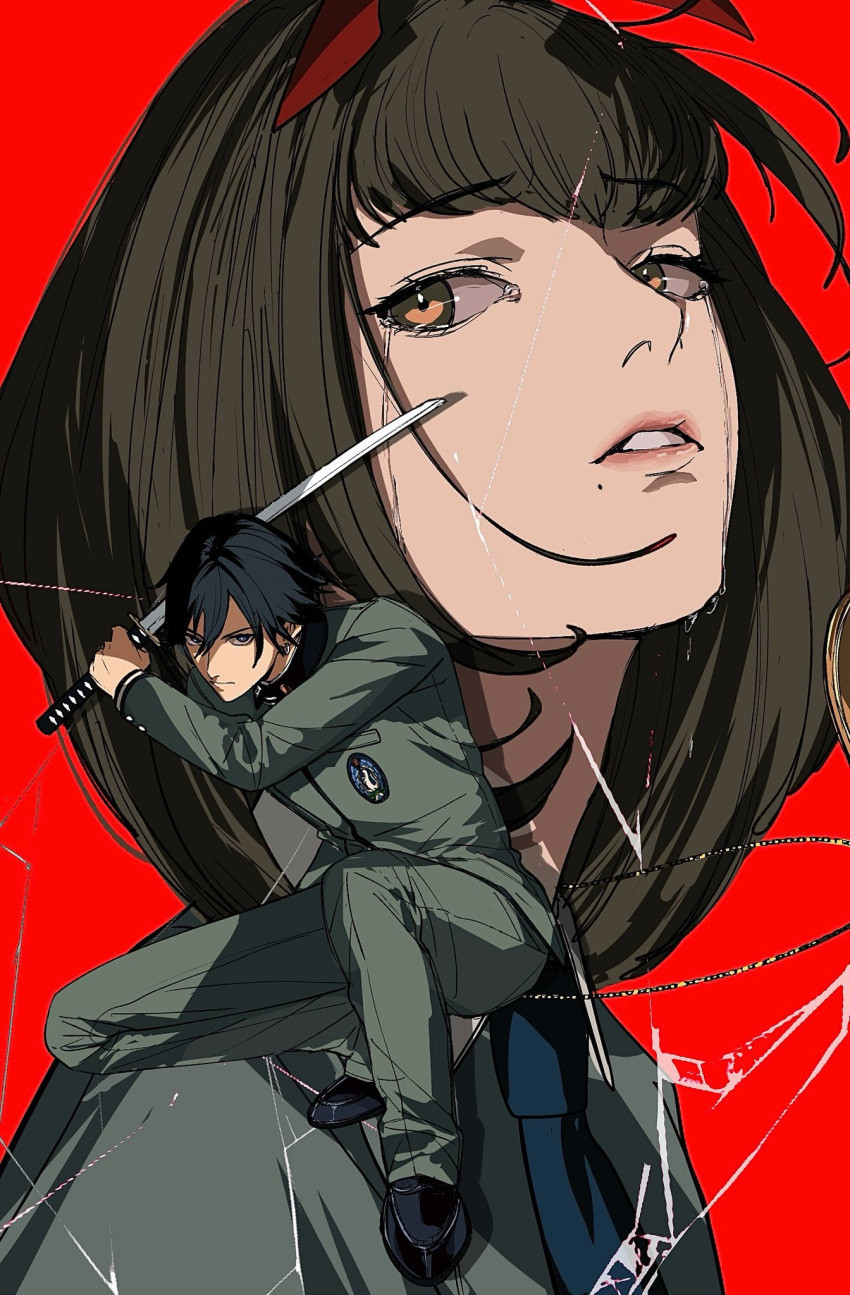 Safebooru - 1boy 1girl amikoiiko black footwear black hair blouse blue ...