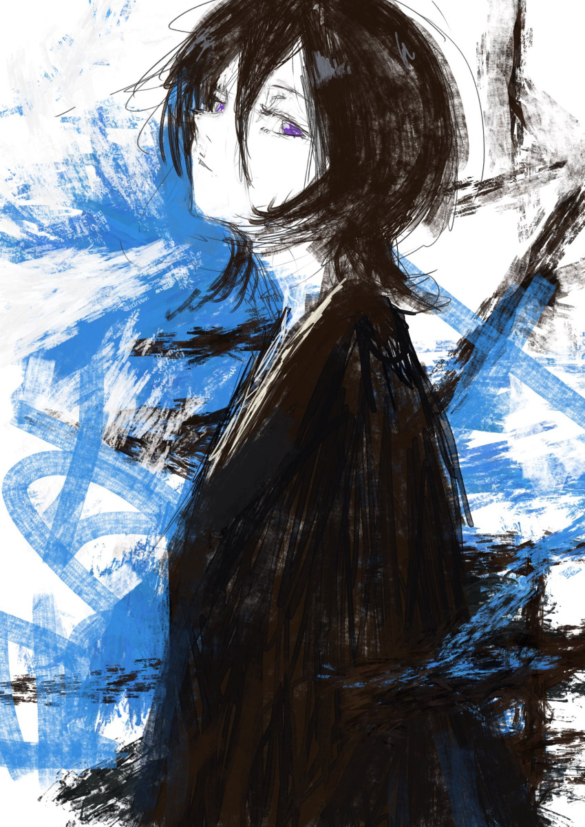 Safebooru - 1girl abstract background black hair black kimono bleach closed mouth colored skin ...