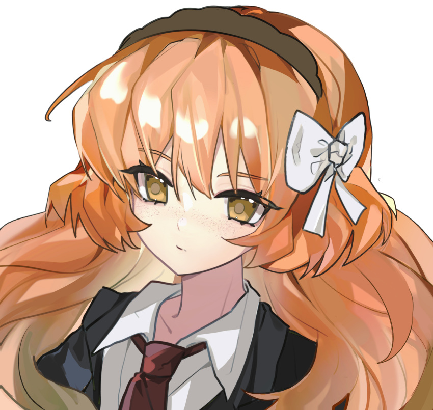 Safebooru - 1girl ali9797383 black jacket bow collared shirt dress shirt freckles hair bow ...