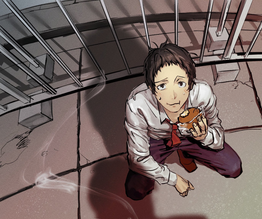 Safebooru - 1boy adachi tooru arm on knee black eyes black pants brown footwear brown hair ...