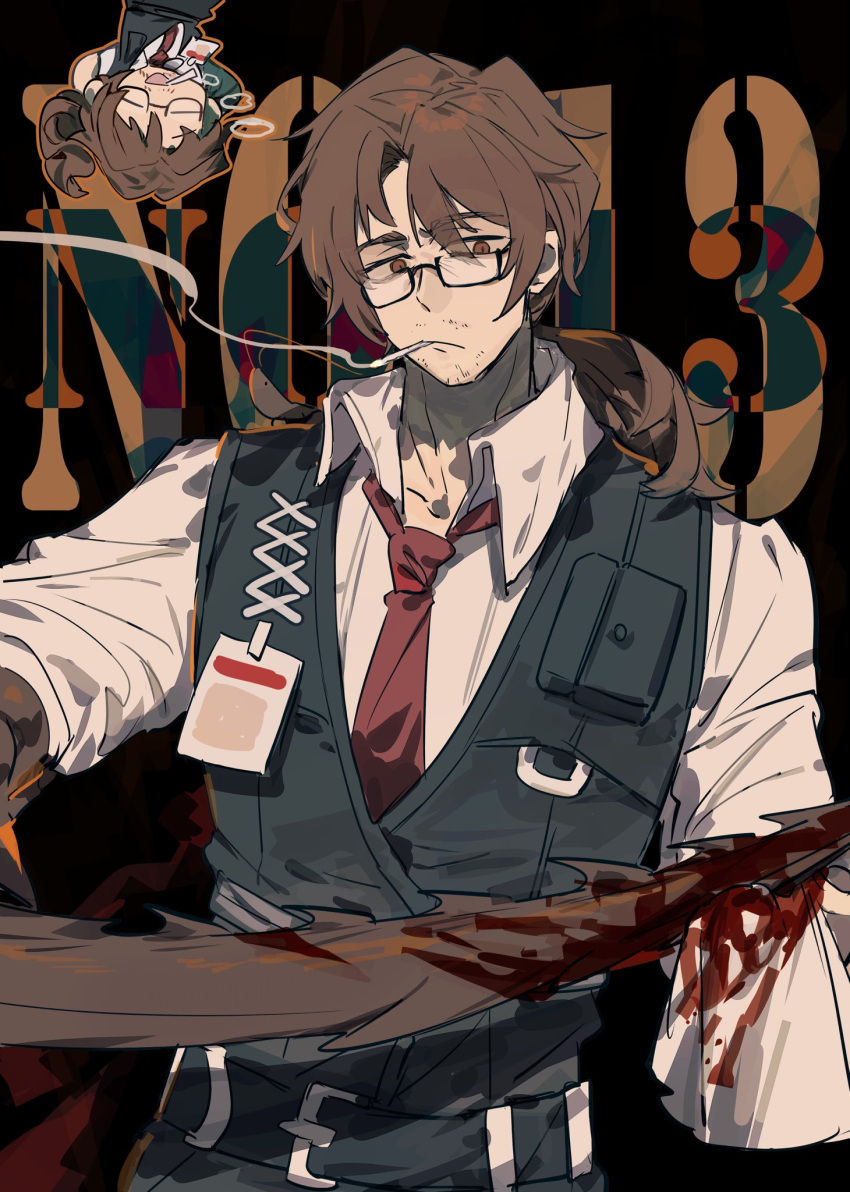 Safebooru - 1boy arthropod limbs beard stubble belt blood brown eyes brown hair chibi chibi ...