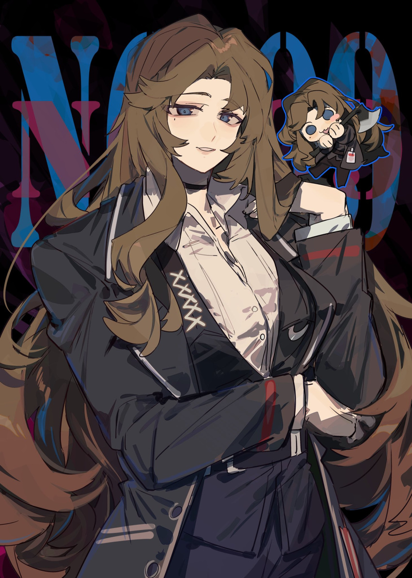 Safebooru - 1girl belt black choker black jacket black pants blue eyes brown hair chibi chibi ...