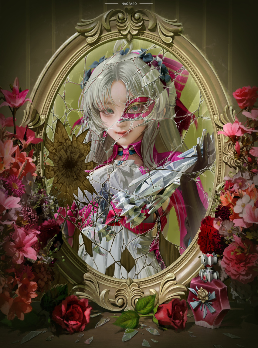 Safebooru - 1girl absurdres aqua eyes black gloves bottle bow broken ...