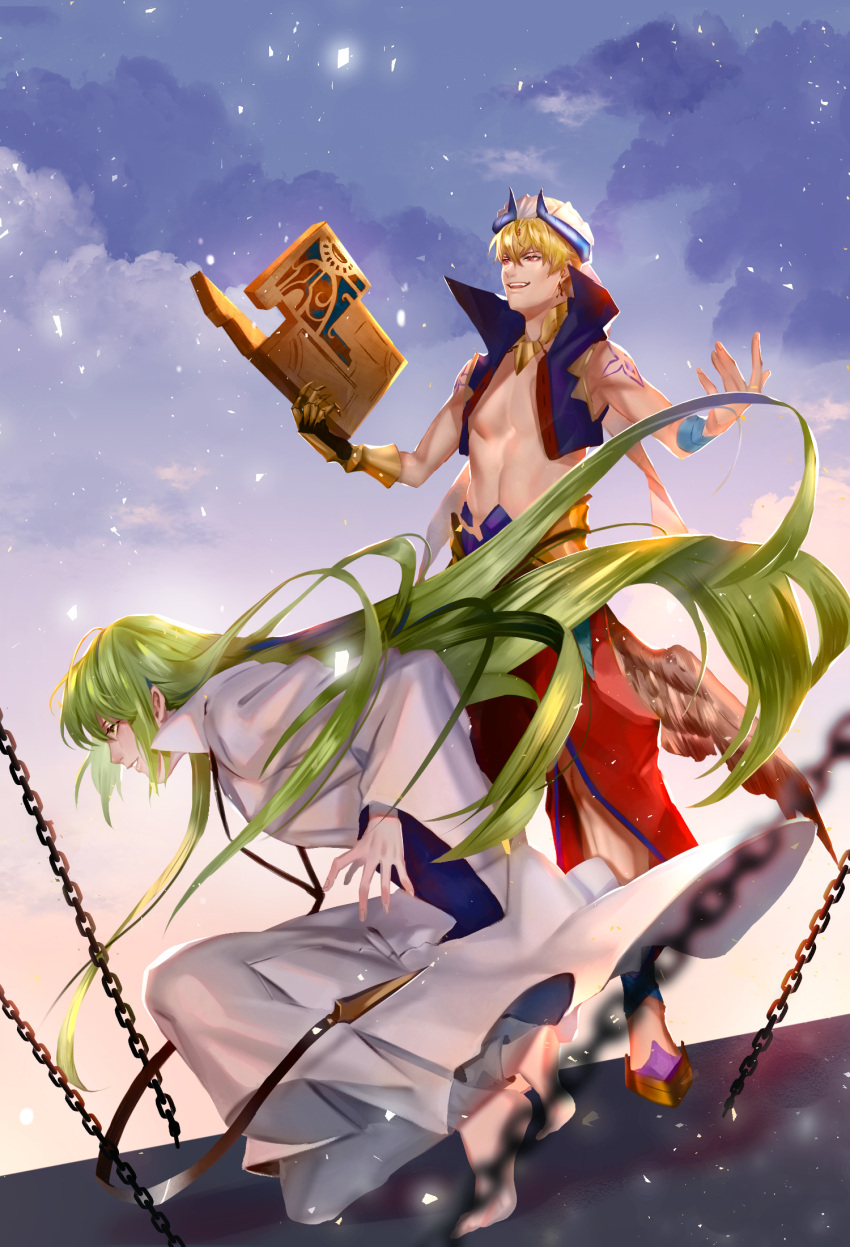 Safebooru - 2boys bare pectorals barefoot blonde hair blue vest chain ...