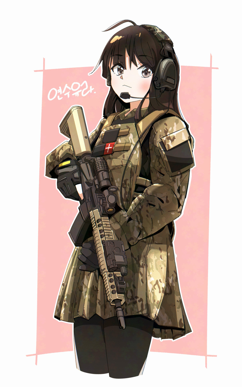 Safebooru - 1girl absurdres ahoge assault rifle black gloves blush borrowed character brown eyes ...