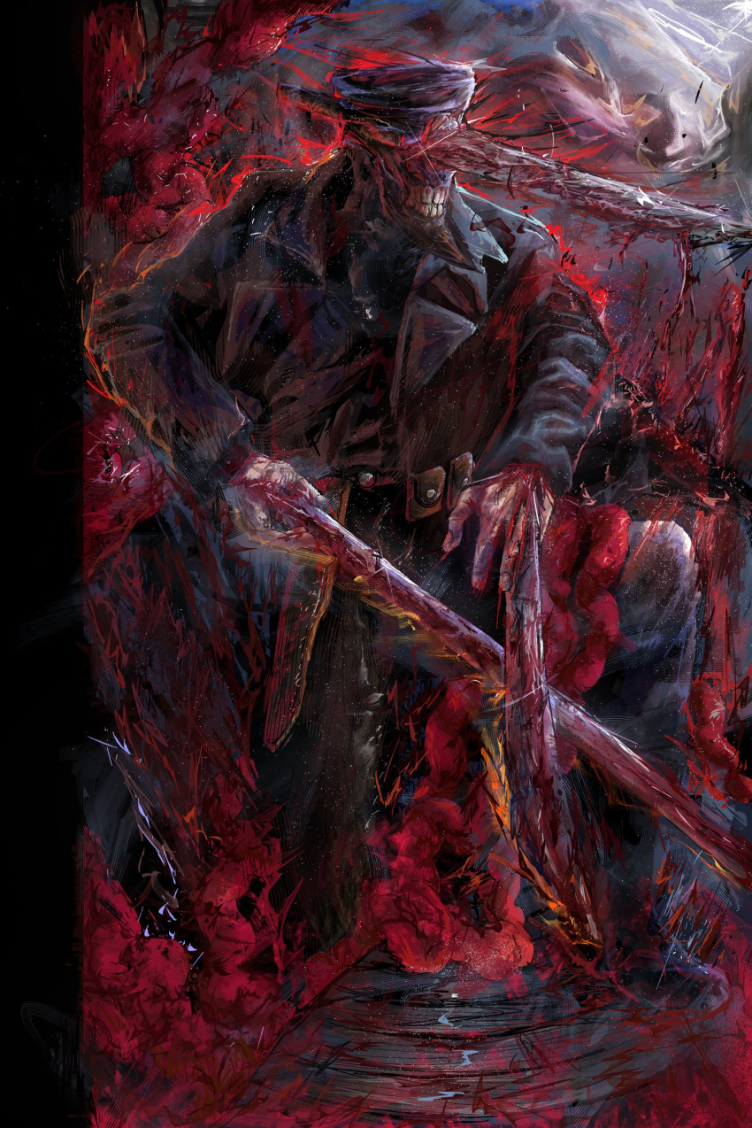 Safebooru - 1boy black jacket blood callmeshiro chainsaw chainsaw devil chainsaw man clenched ...