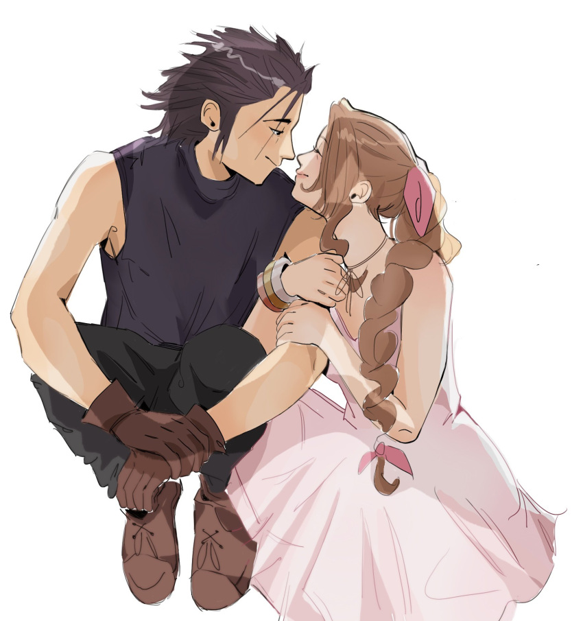 Safebooru - 1boy 1girl aerith gainsborough arm hug bangle bare shoulders black hair black pants ...