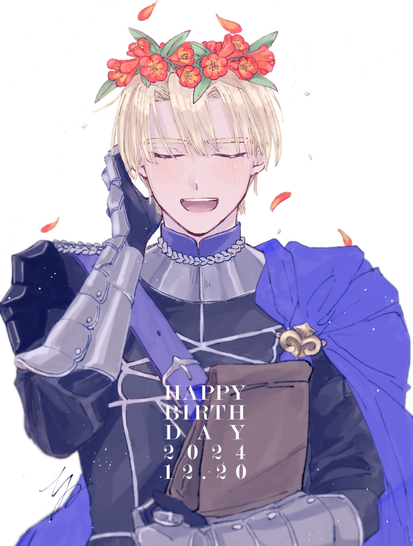 Safebooru - 1boy 2024 arm up armored gloves belt black gloves blonde hair blue belt blue cape ...