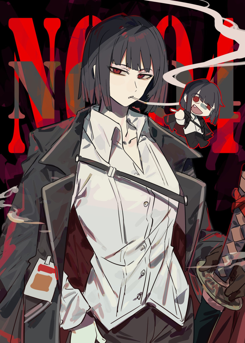 Safebooru - 1girl black hair black jacket brown pants chibi chibi inset ...