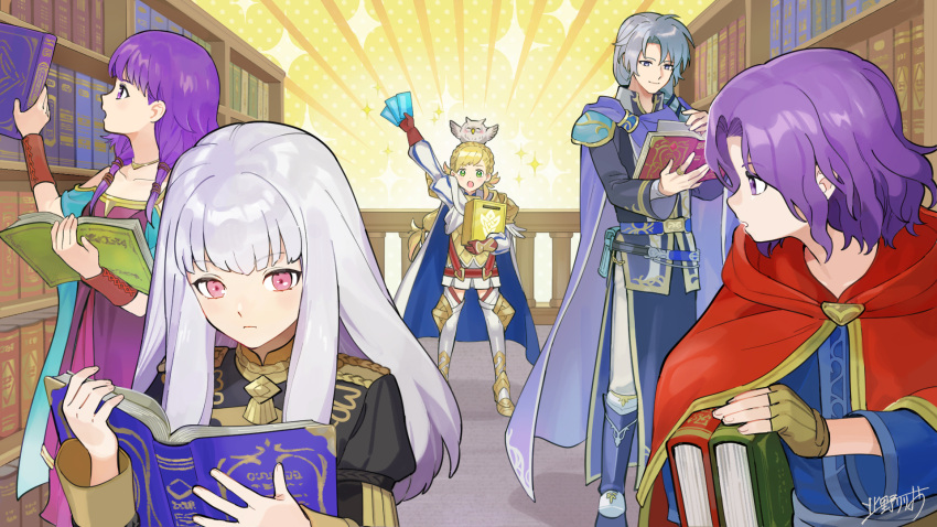 Safebooru - 2boys 3girls animal on head ballot ballot box bird blonde ...