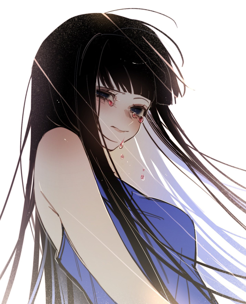 Safebooru - 1girl black eyes black hair blood blood from eyes blue dress closed mouth crying ...