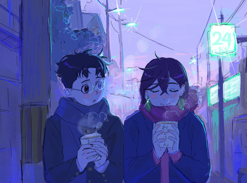 Safebooru - 1boy 1girl 3pa sanpa ayase momo black hair black jacket blue scarf blush brown hair ...