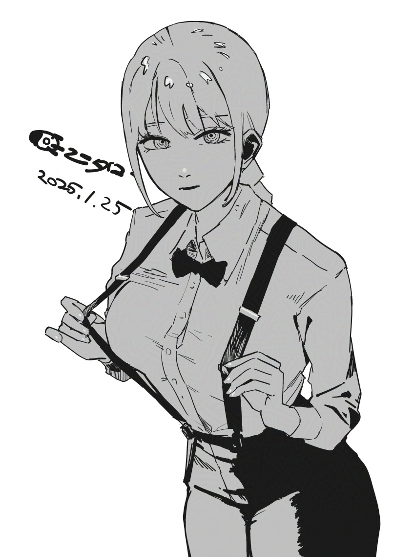 Safebooru - 1girl absurdres chainsaw man collared shirt dated greyscale highres looking at ...