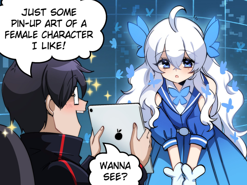 Safebooru - 1boy 1girl ahoge back hair blue dress blue eyes bluesky bluesky-chan (merryweather ...