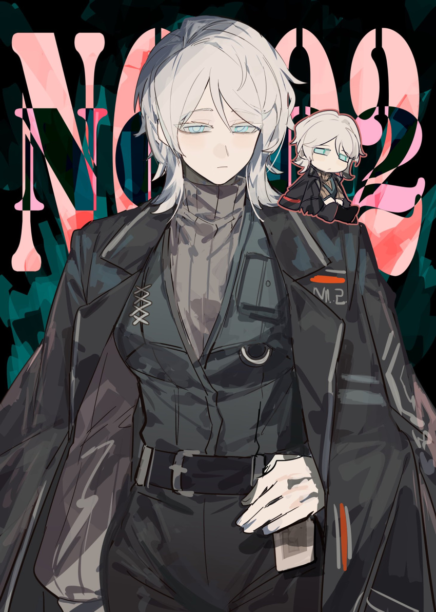 Safebooru - 1girl belt black jacket black pants blue eyes chibi chibi inset colored eyelashes ...