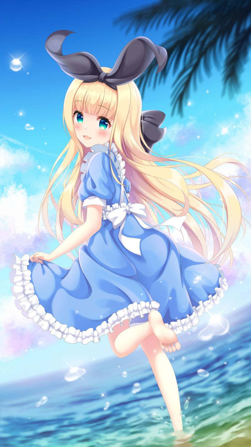 Safebooru - 1girl apron barefoot black bow blonde hair blue dress blue sky blush bow clouds ...