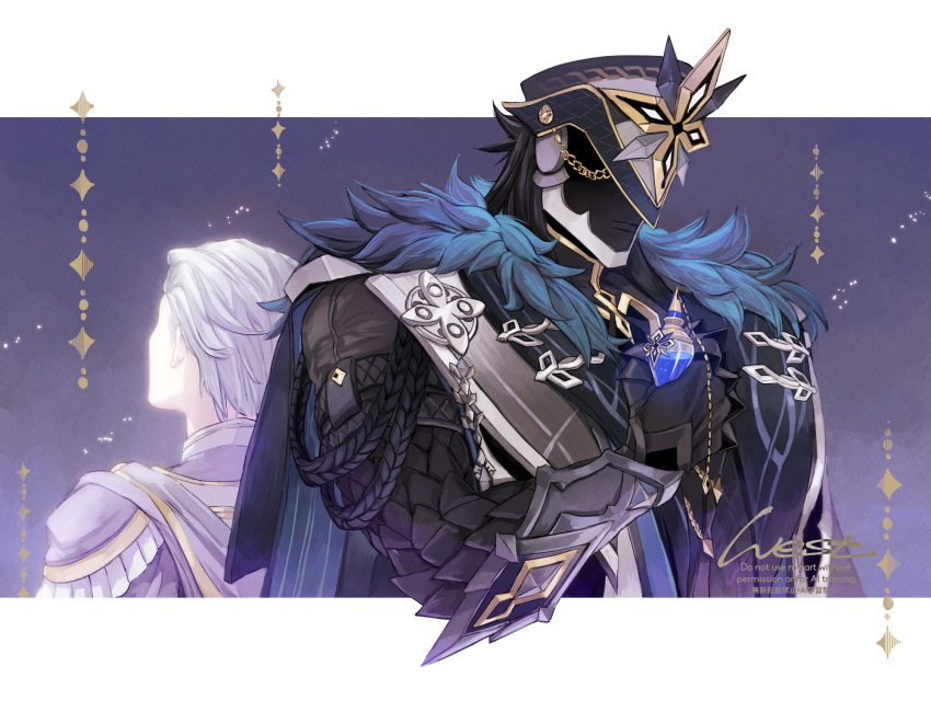 Safebooru - 2boys aiguillette artist name back-to-back black coat black hair black helmet black ...