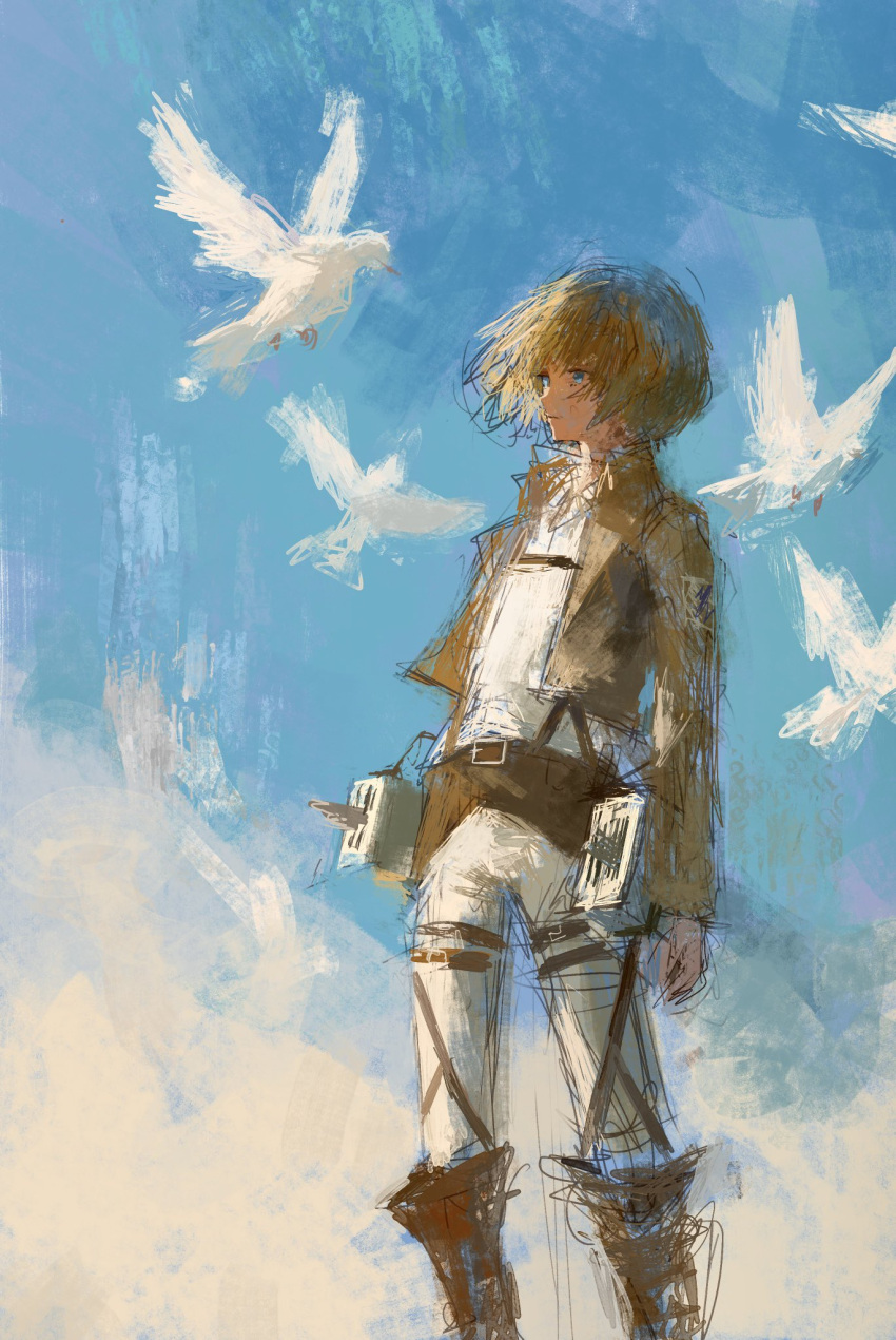 Safebooru - 1boy armin arlert bird blonde hair blue eyes blue sky closed mouth cowboy shot dove ...