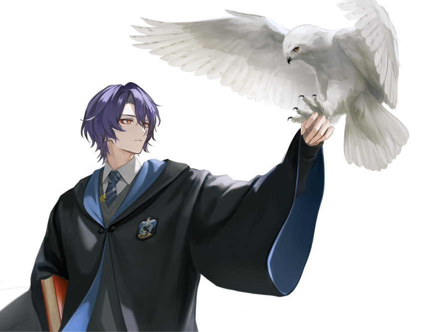 Safebooru - 1boy absurdres anna (drw01) bird black robe blue hair blue necktie book collared ...