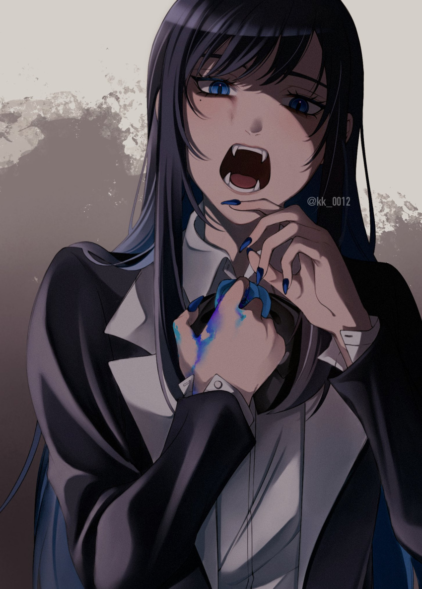 Safebooru - 1girl ado (utaite) black coat black hair blue eyes blue nails chando (ado) coat ...