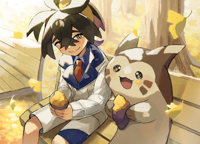 Safebooru - 1boy autumn autumn leaves bench black hair blue shirt ...