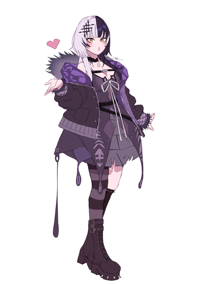 Safebooru - 1girl absurdres am creee asymmetrical legwear black hair boots breasts coat dress ...