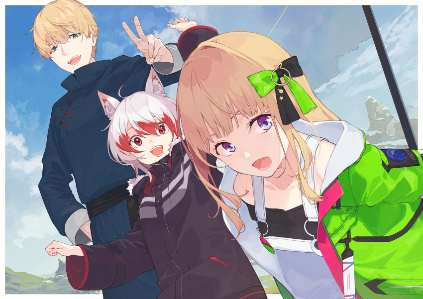 Safebooru - 1boy 2girls ahoge aki rosenthal aki rosenthal (gaming casual) animal ears blonde ...