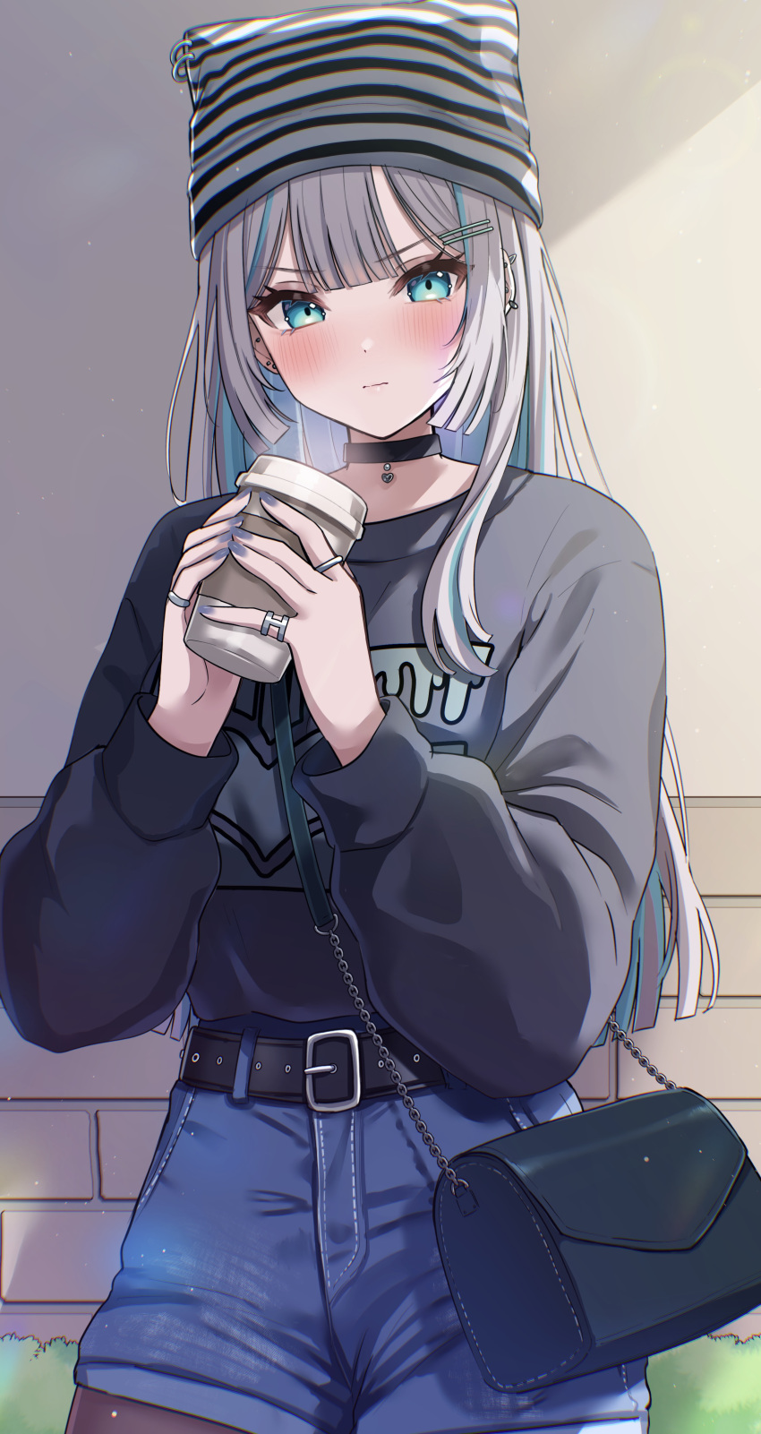 Safebooru - 1girl absurdres animal hat bag belt belt buckle black choker black sweater blue eyes ...