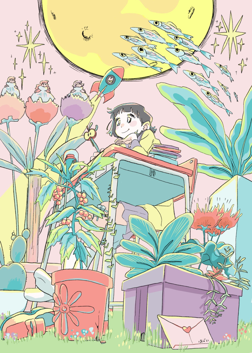 Safebooru - 1girl animal berry black hair fish flower highres letter ...