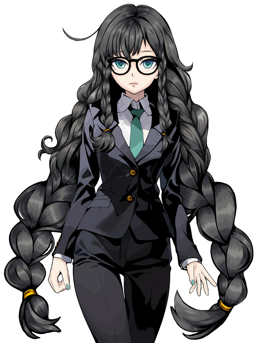 Safebooru - 1girl ahoge aqua eyes aqua nails aqua necktie black-framed eyewear black hair black ...