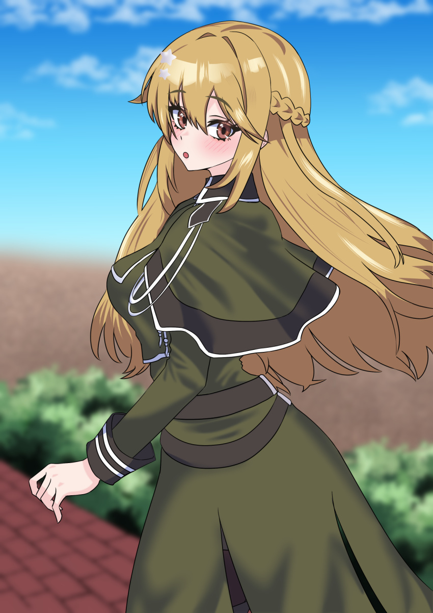 Safebooru - 1girl blonde hair breasts brown eyes buttons day double-breasted dress duel monster ...